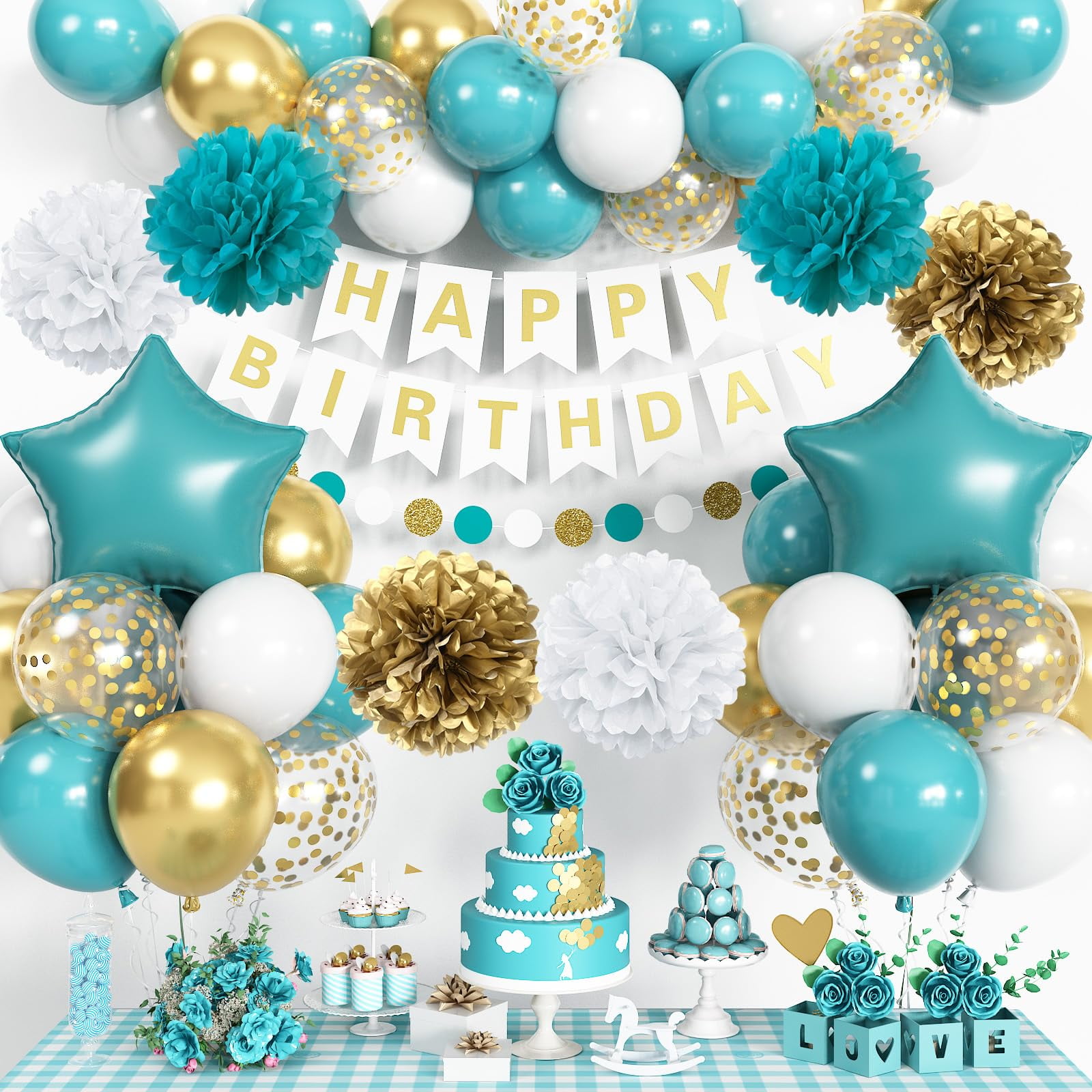 KINNO Teal & Gold Birthday Decorations - Turquoise Blue White Gold Balloons, Happy Birthday ...