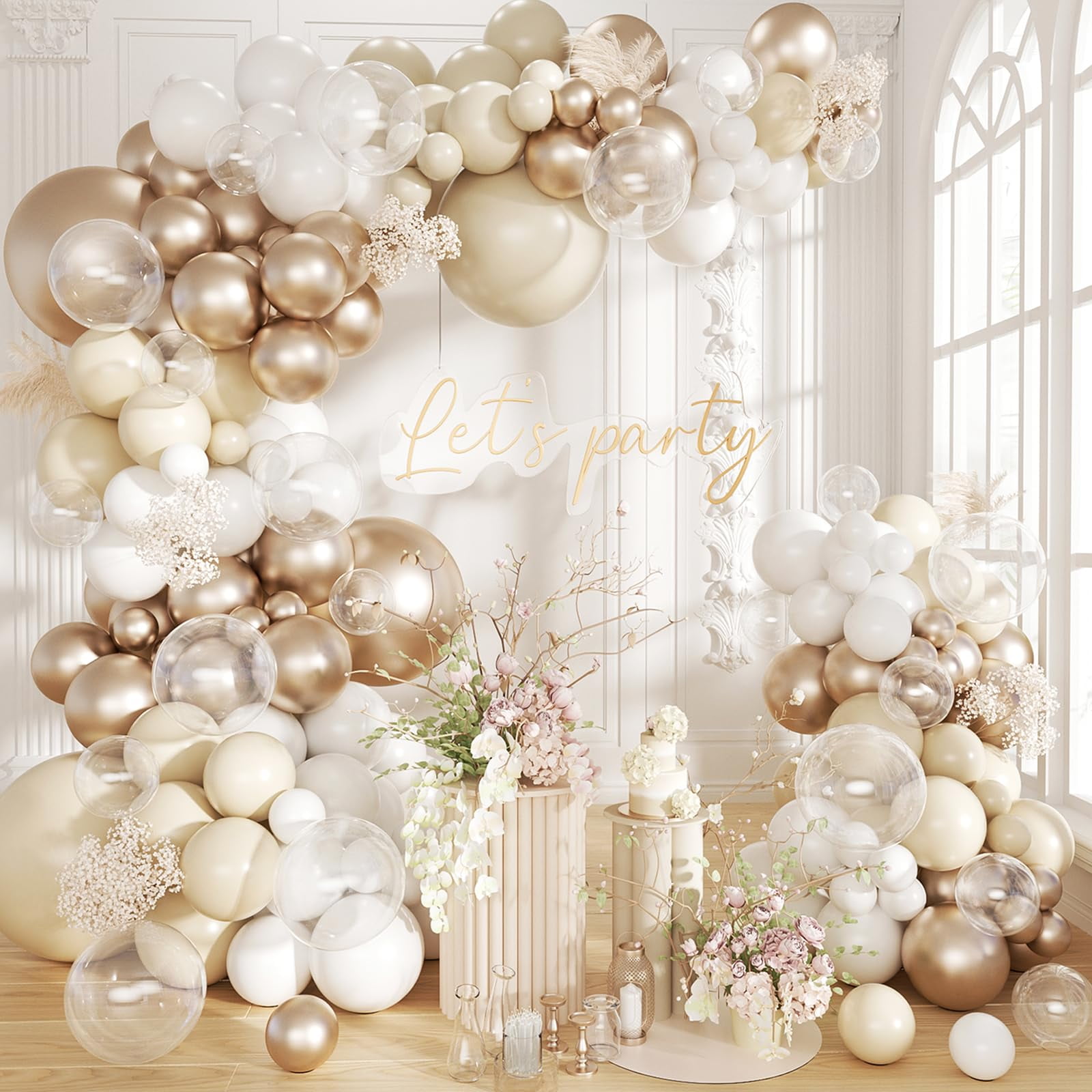 KINNO White Sand Metallic Champagne Gold Balloons Garland Arch Kit,152PCS White Nude Balloons ...