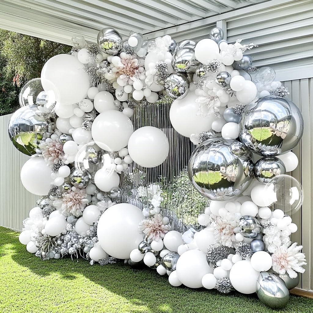 KINNO White Silver Balloon Garland Clear Silver Foil Balloon White ...