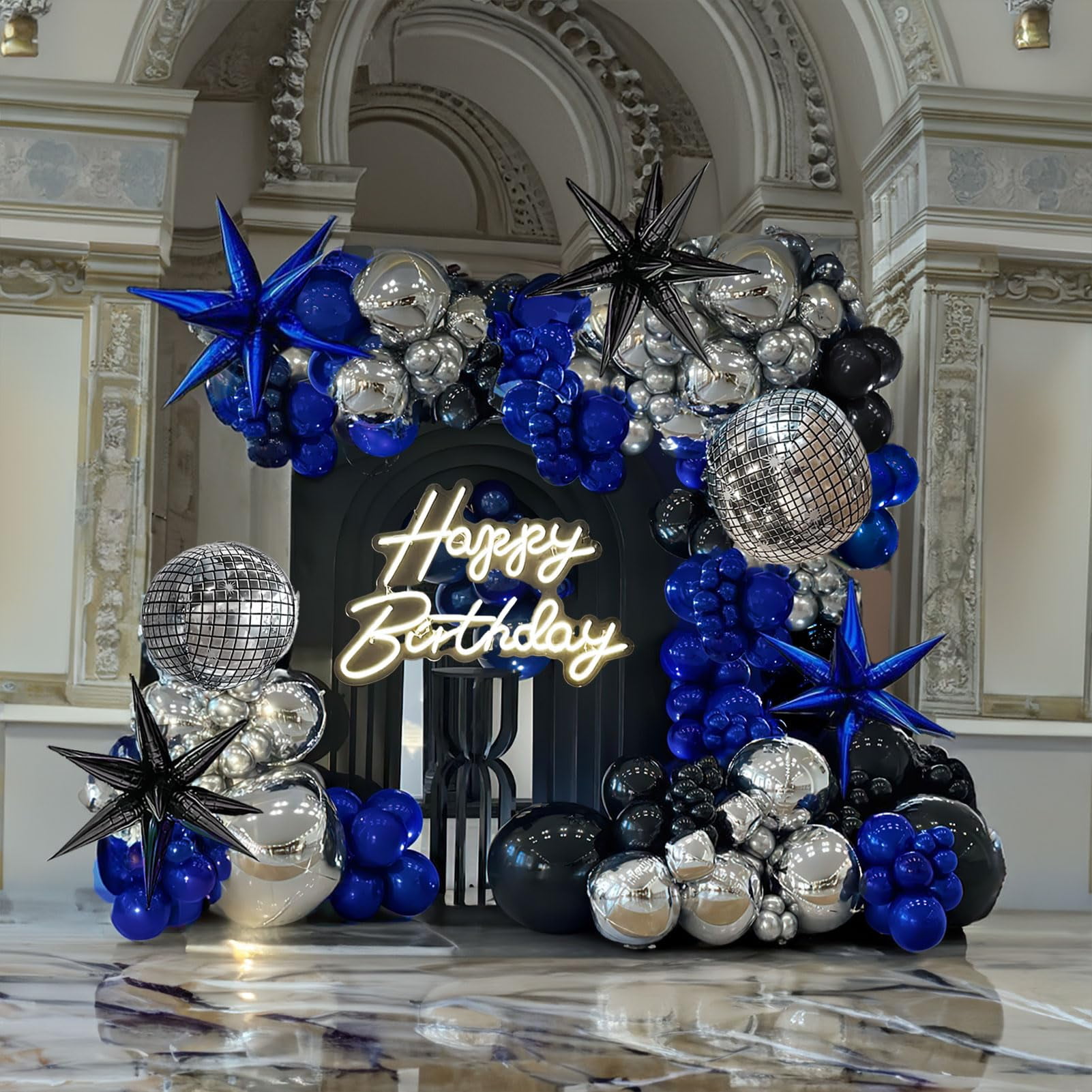 KINNO royal blue and black silver disco balloon garland arch kit 170 ...