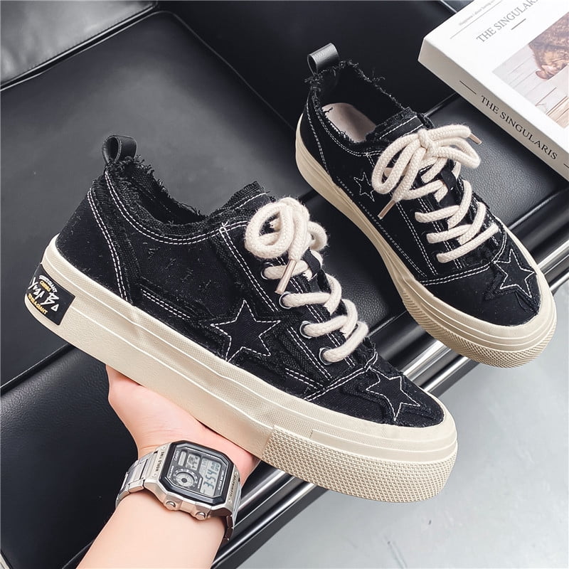KINODAY Canvas Sneakers Vintage Distressed Star Design Skate Shoes With ...
