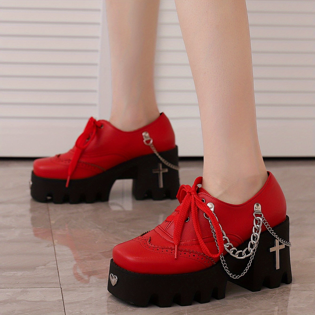 KINODAY Chunky Punk Loafers Gothic Style Square Toe Chain Decor Lace Up ...