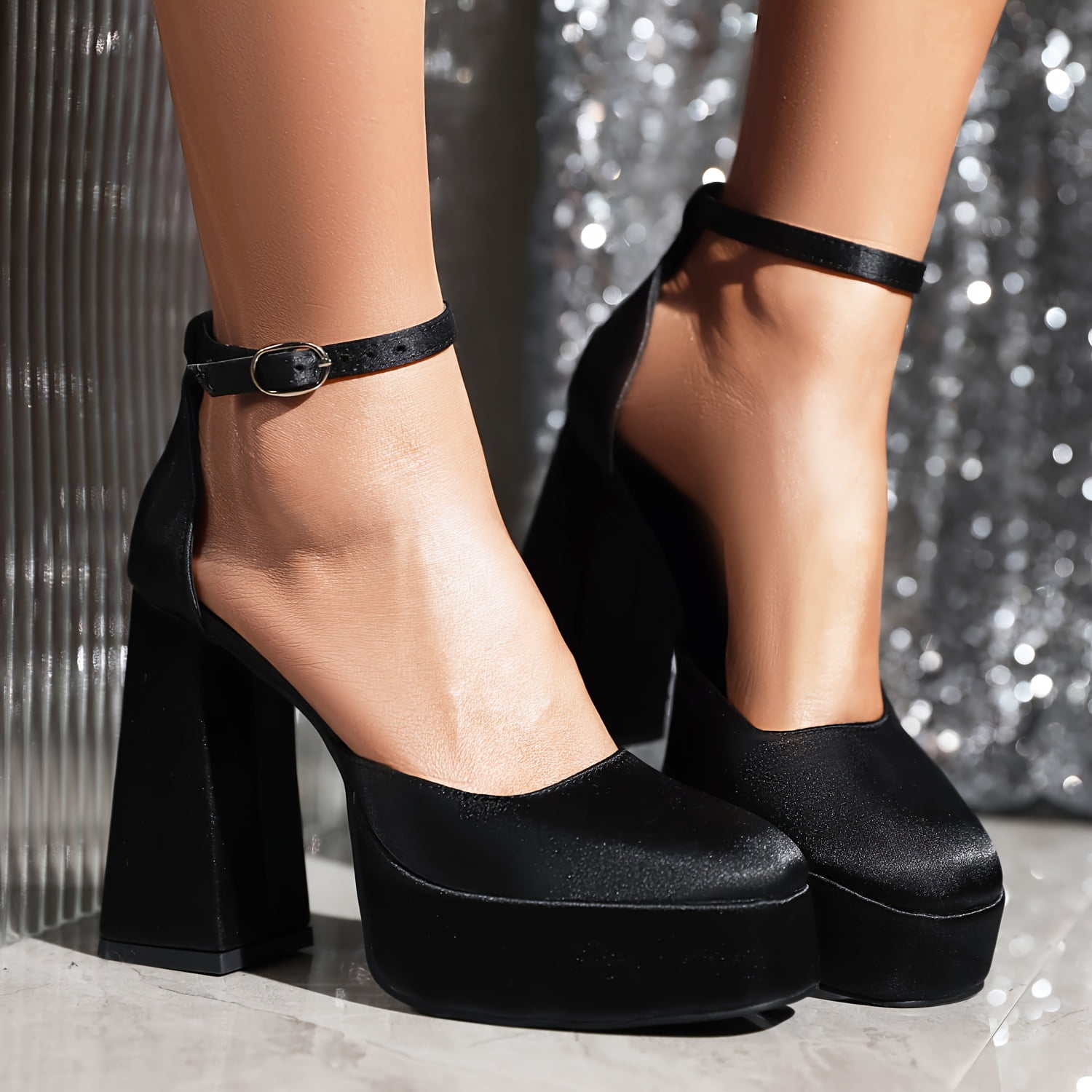 KINODAY Platform Square Toe High Heels Pumps Chunky Heel Satin Ankle ...