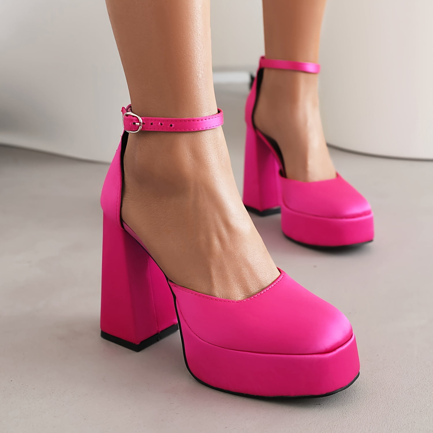 KINODAY Platform Square Toe High Heels Pumps Chunky Heel Satin Ankle ...