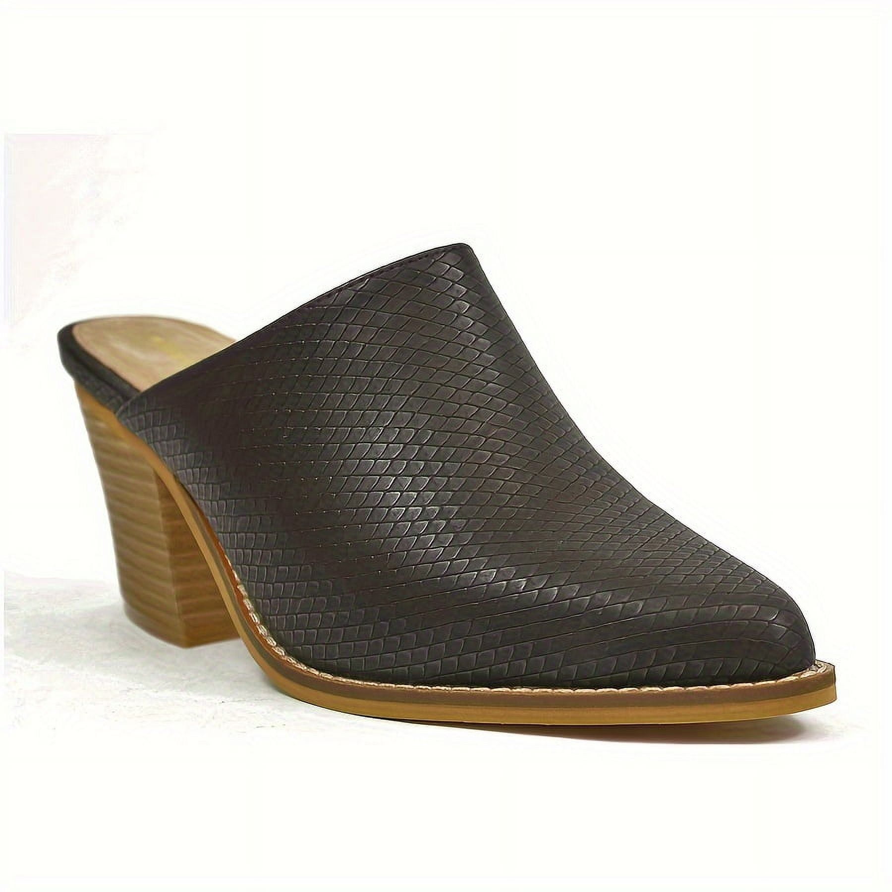 KINODAY Snake & Cow Print Mules - Chunky Stacked Heel Pointy Toe Slip ...
