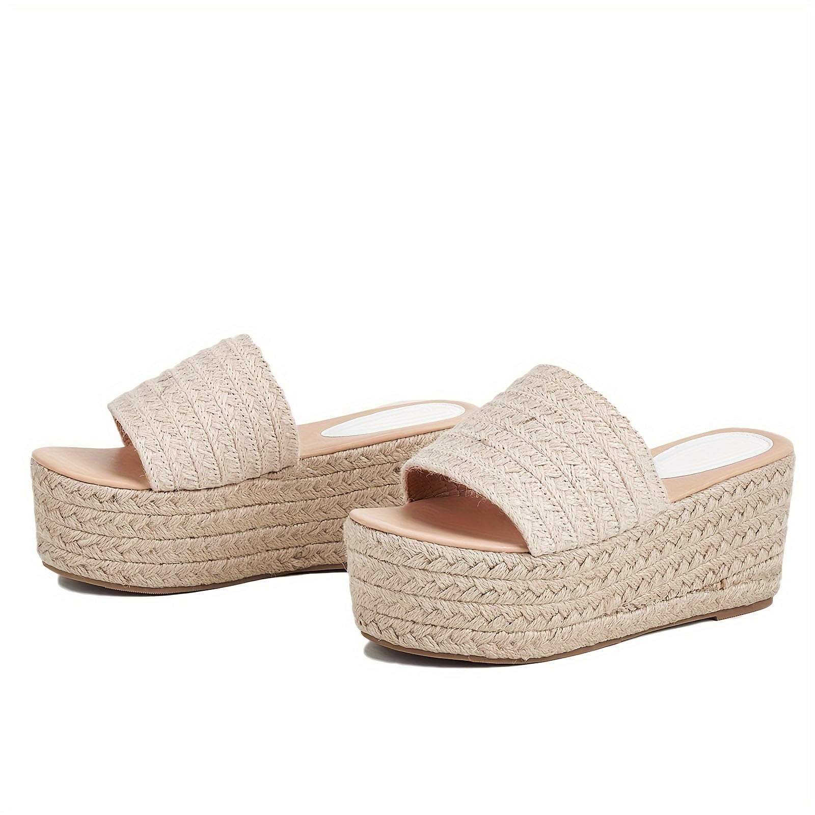 KINODAY Solid Color Casual Sandals Slip On Platform Woven Straw Beach ...