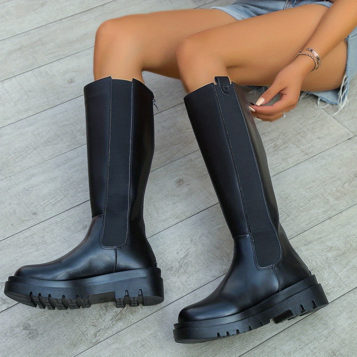 KINODAY Solid Color Platform Boots Back Zipper Slip On Round Toe Non ...
