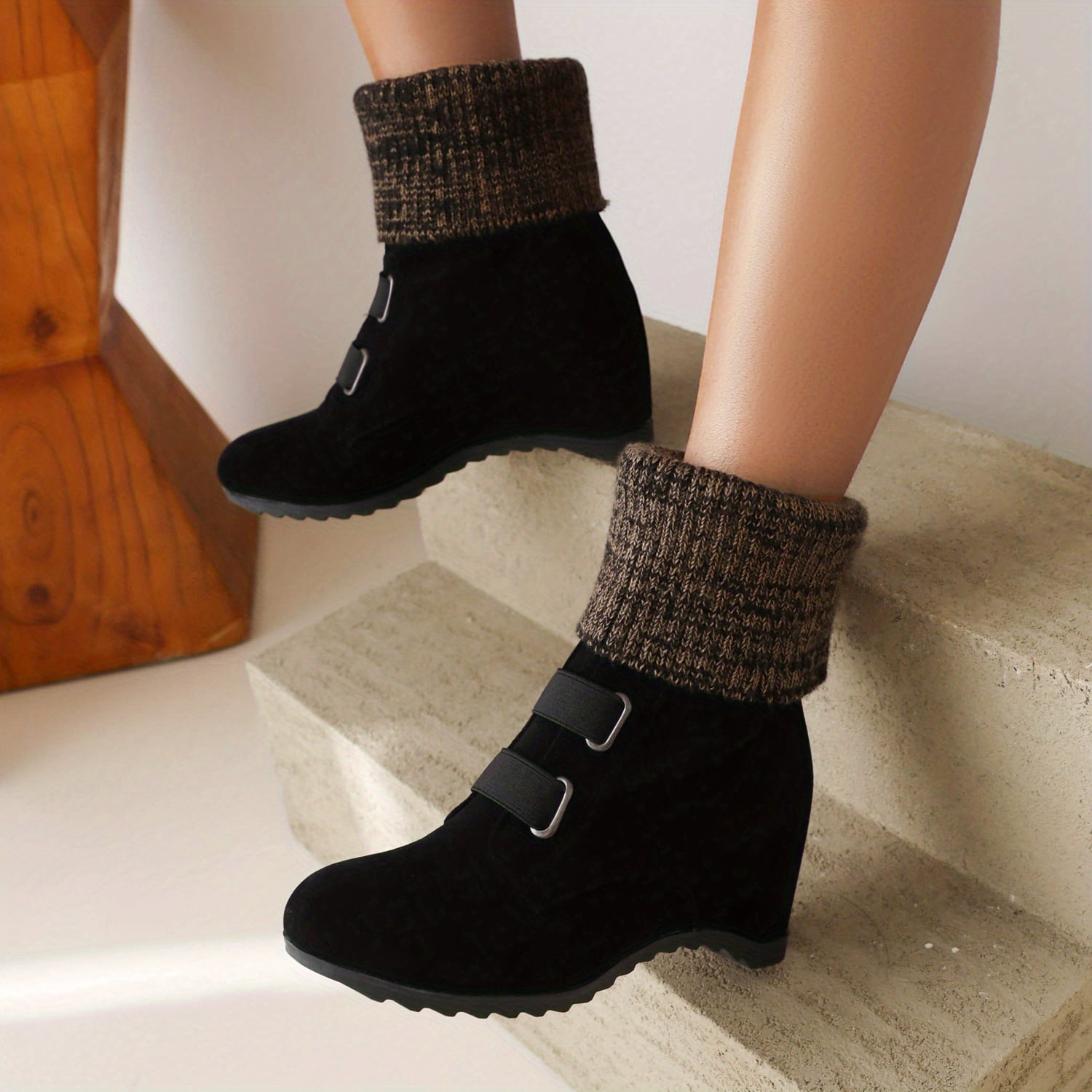 KINODAY Wedge Ankle Boots Knitted Folding Design Height Increasing ...