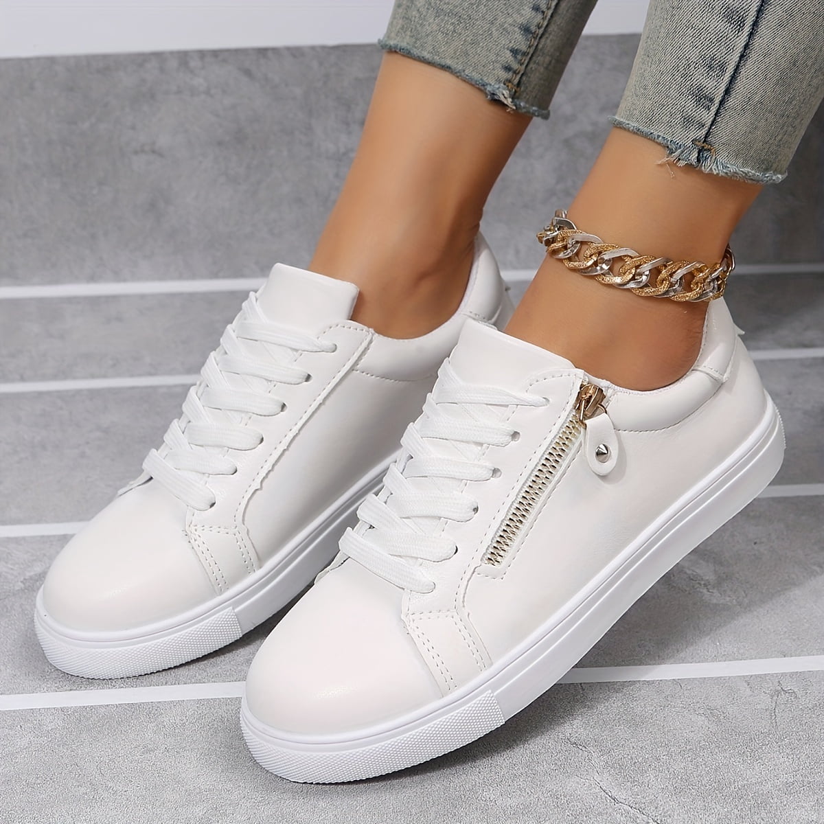 KINODAY Zipper Low Cut Solid Color Flat Skate Shoes Non Slip Faux ...