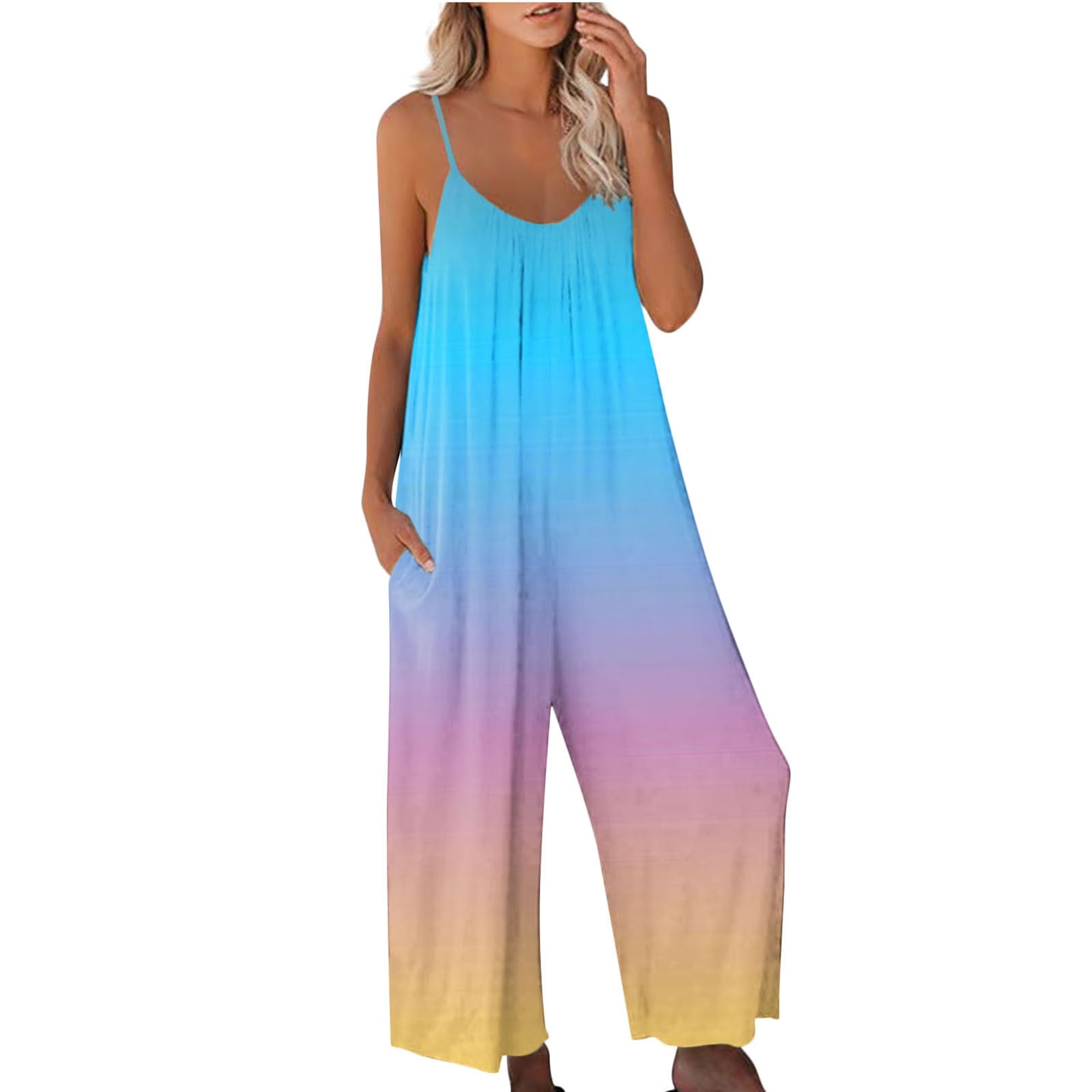 KINPLE Summer Boho Womens Summer Overalls Loose Fit Tie-Dye Print Bib ...