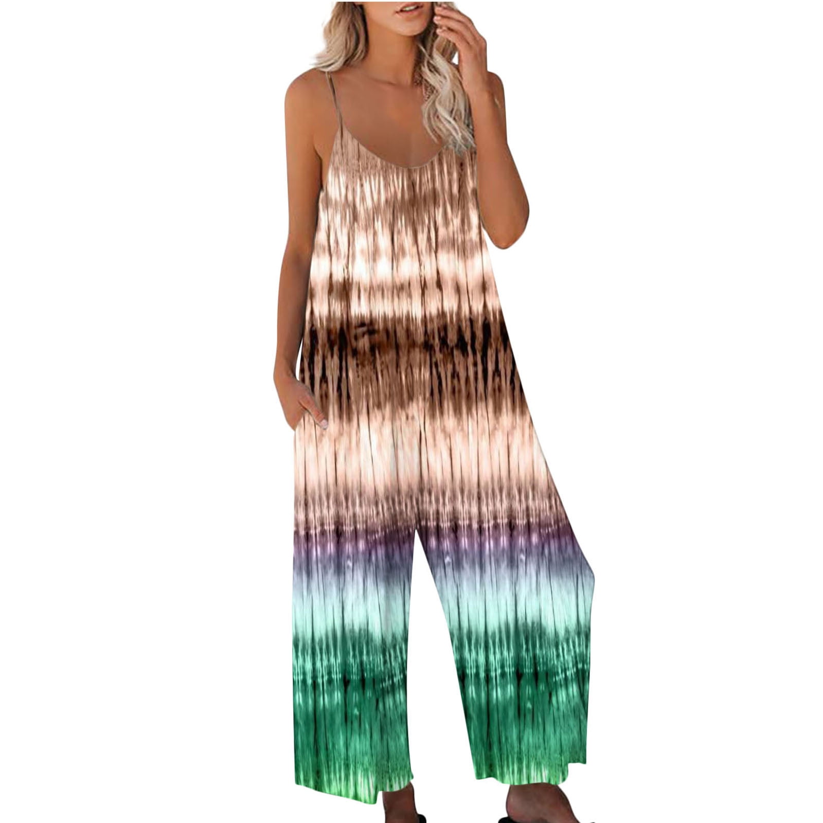 KINPLE Summer Boho Womens Summer Overalls Loose Fit Tie-Dye Print Bib Overalls Bell Bottom Bib ...