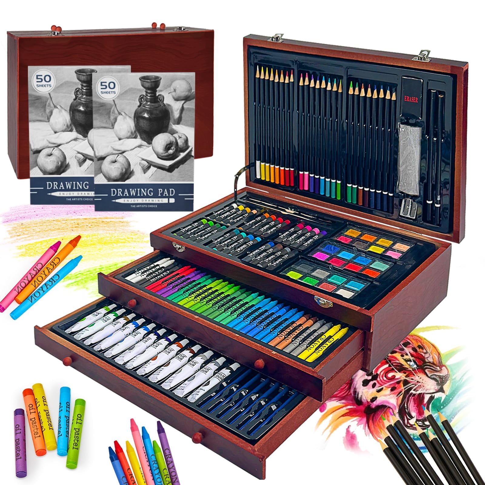 KINSPORY 175 pack Deluxe Wooden Case Drawing Painting Kit, Art Set and ...