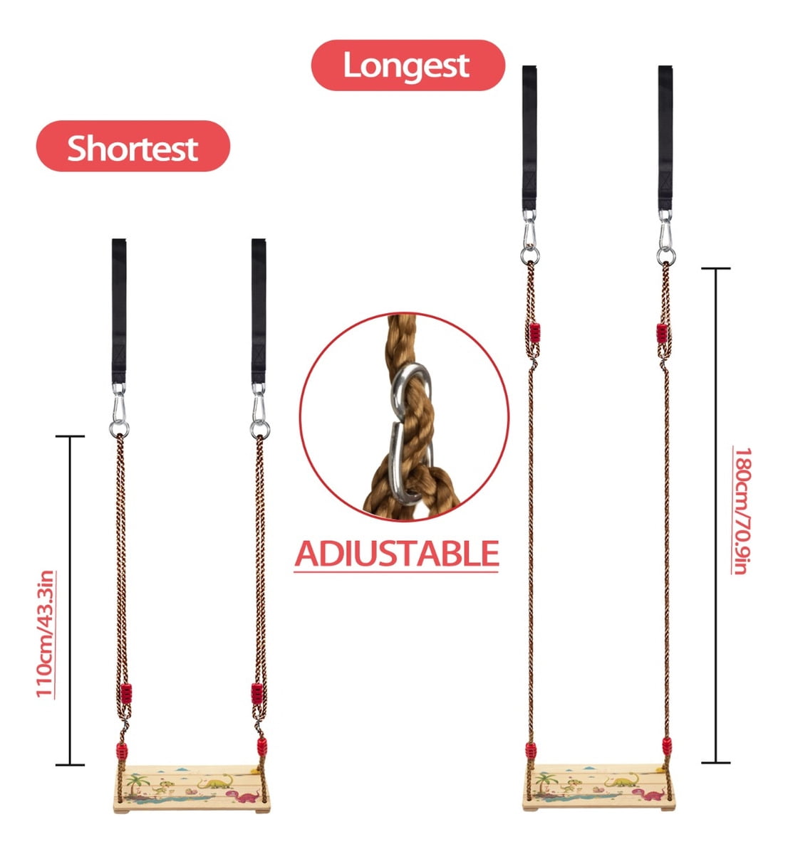 KINSPORY Tree Swing for Kids, Nostalgic Wooden Swing Seat, Wood Swing Connecting Straps Set ...