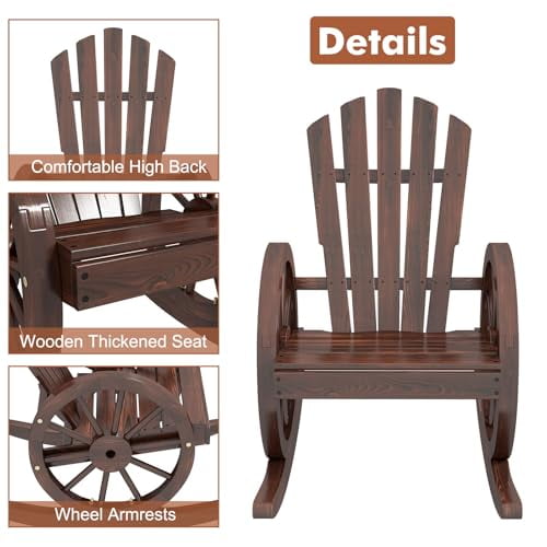KINTNESS 2PCS Wagon Wheel Wood Rocking Chair Outdoor Furniture Patio ...