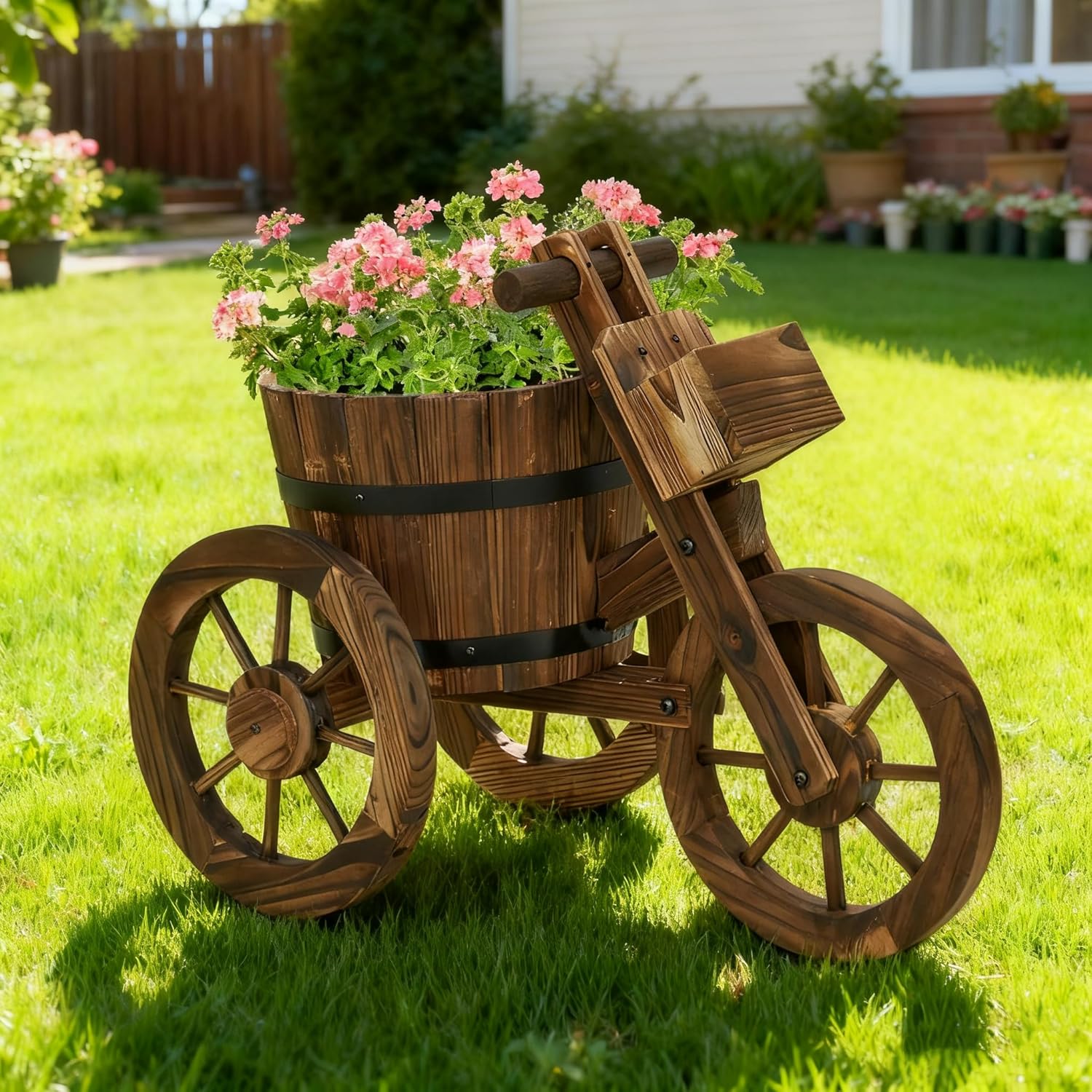 KINTNESS Decorative Garden Planter - Wagon Cart with Wheels Wood Raised ...