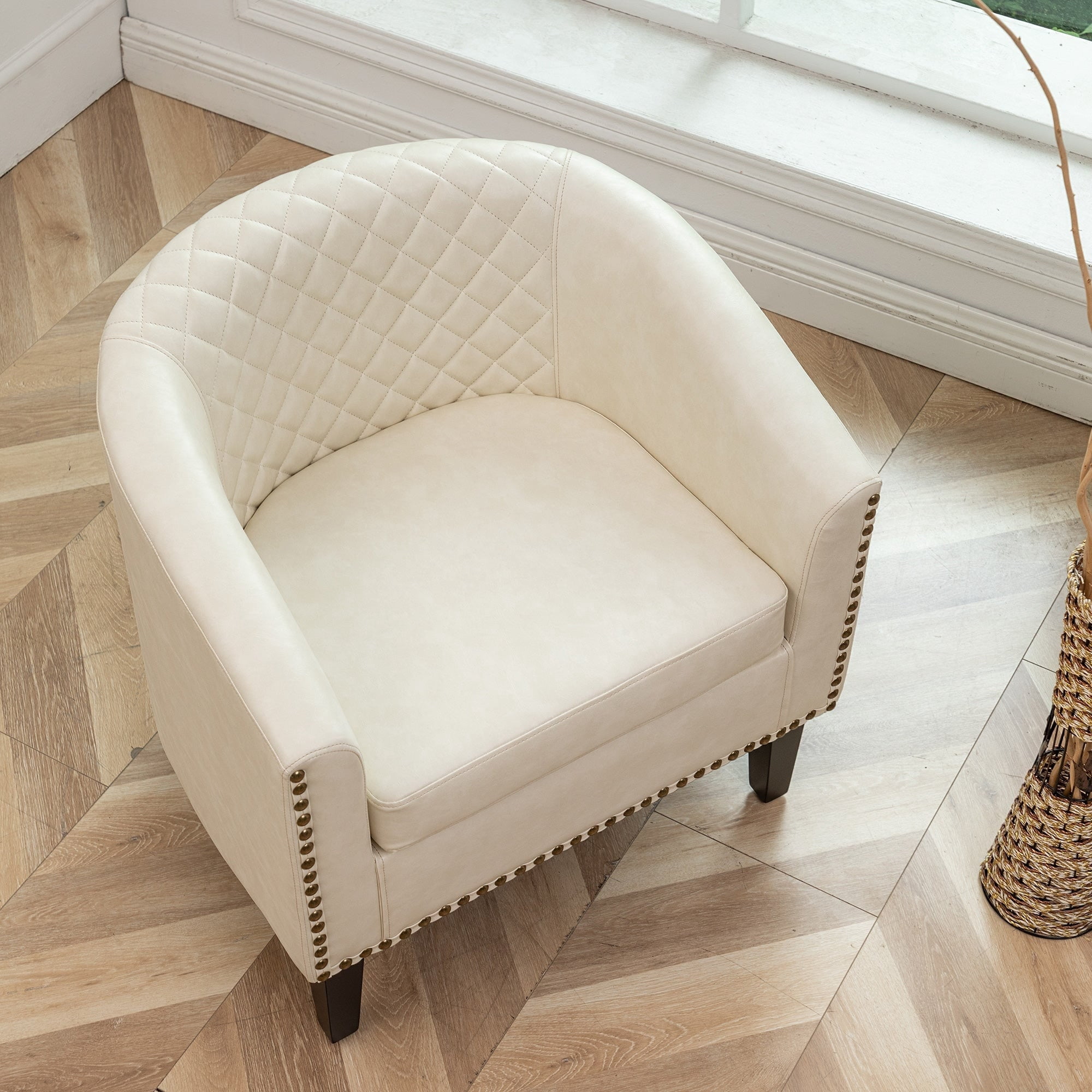 KINWELL PU Leather Tufted Barrel Chair Club Armchair with Nailheads ...