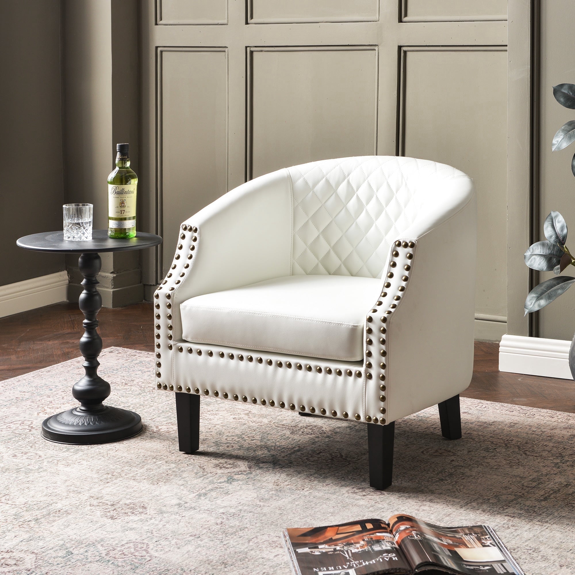 White Faux Leather Barrel Accent Chair with Nailhead Trim, Modern ...