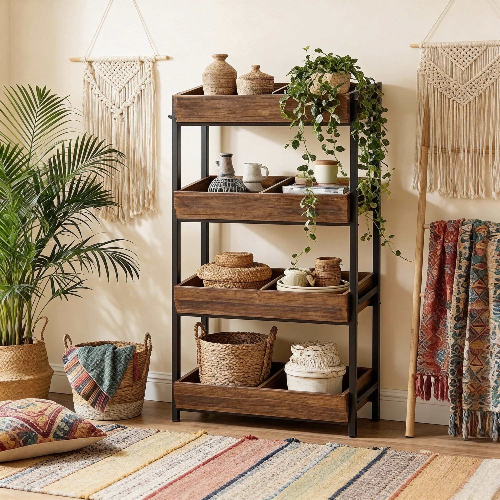 KIOOTTO 4-Tier Rustic Wood Storage Rack with Divided Bins, Heavy Duty ...