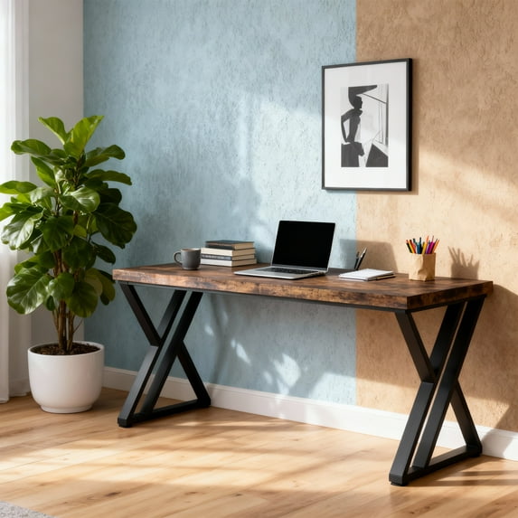 KIOOTTO 55” Modern Writing Computer Desk: rustic brown desktop, Z ...