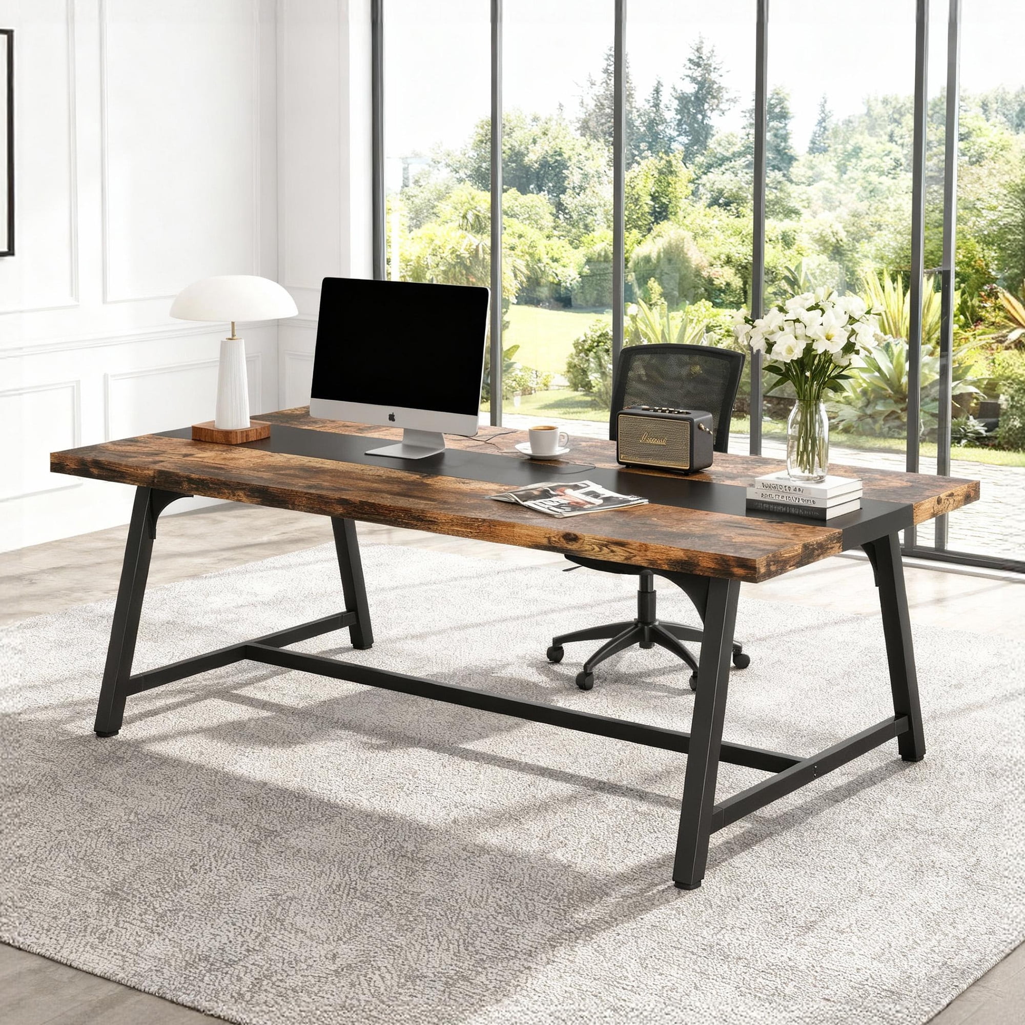 KIOOTTO 6FT Modern Conference Table: rustic brown & black finish, seats ...