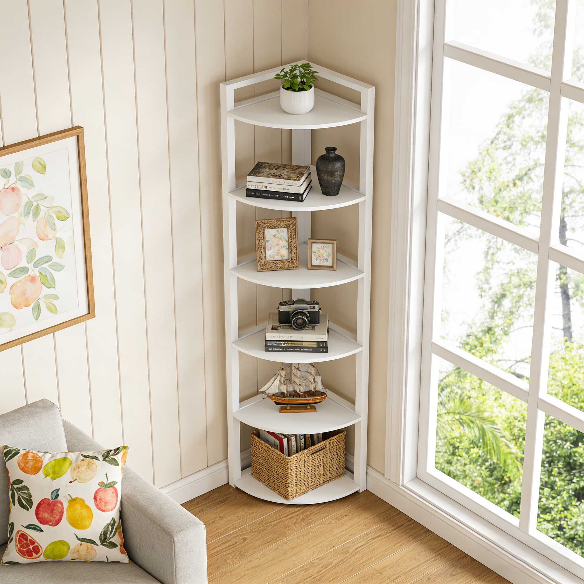 KIOOTTO 70.87" Tall 6-Tier White Corner Bookshelf Storage Shelf for ...
