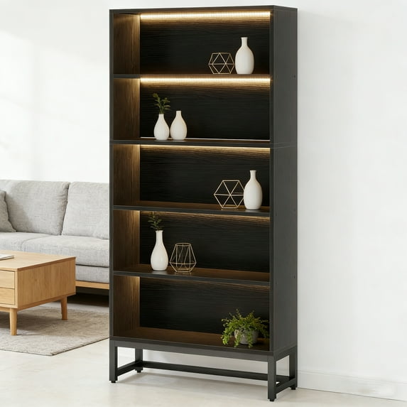KIOOTTO LED Lit Bookshelf, 71" 5-Tier Black Bookcase with Integrated ...