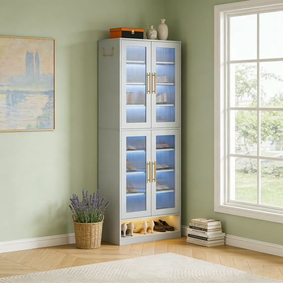 KIOOTTO Modern Gray Display Cabinet, 67" Bookshelf with LED Lights ...