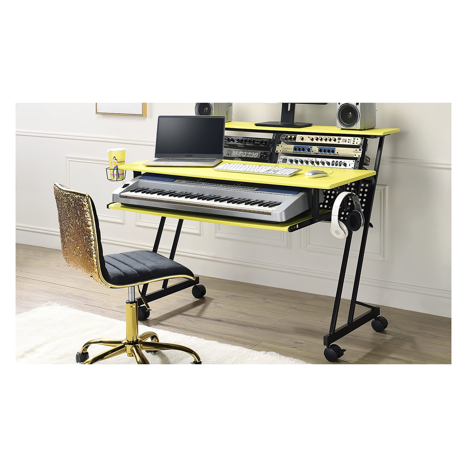 KIOOTTO Wooden Top Music Recording Studio Desk in Yellow and Black ...