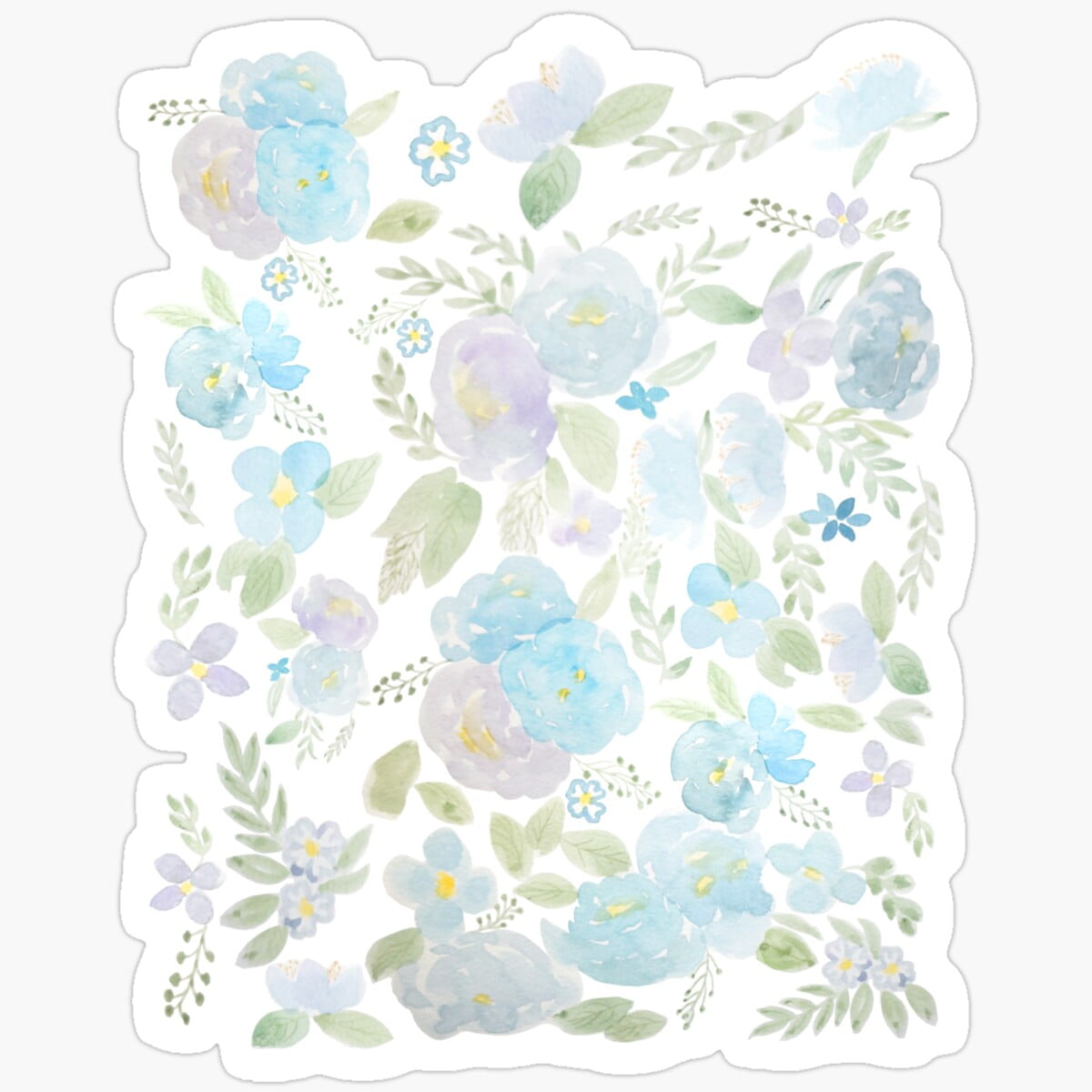 KIRA Blue Flowers And Leaf Watercolor Pattern Glossy Sticker Birthday ...