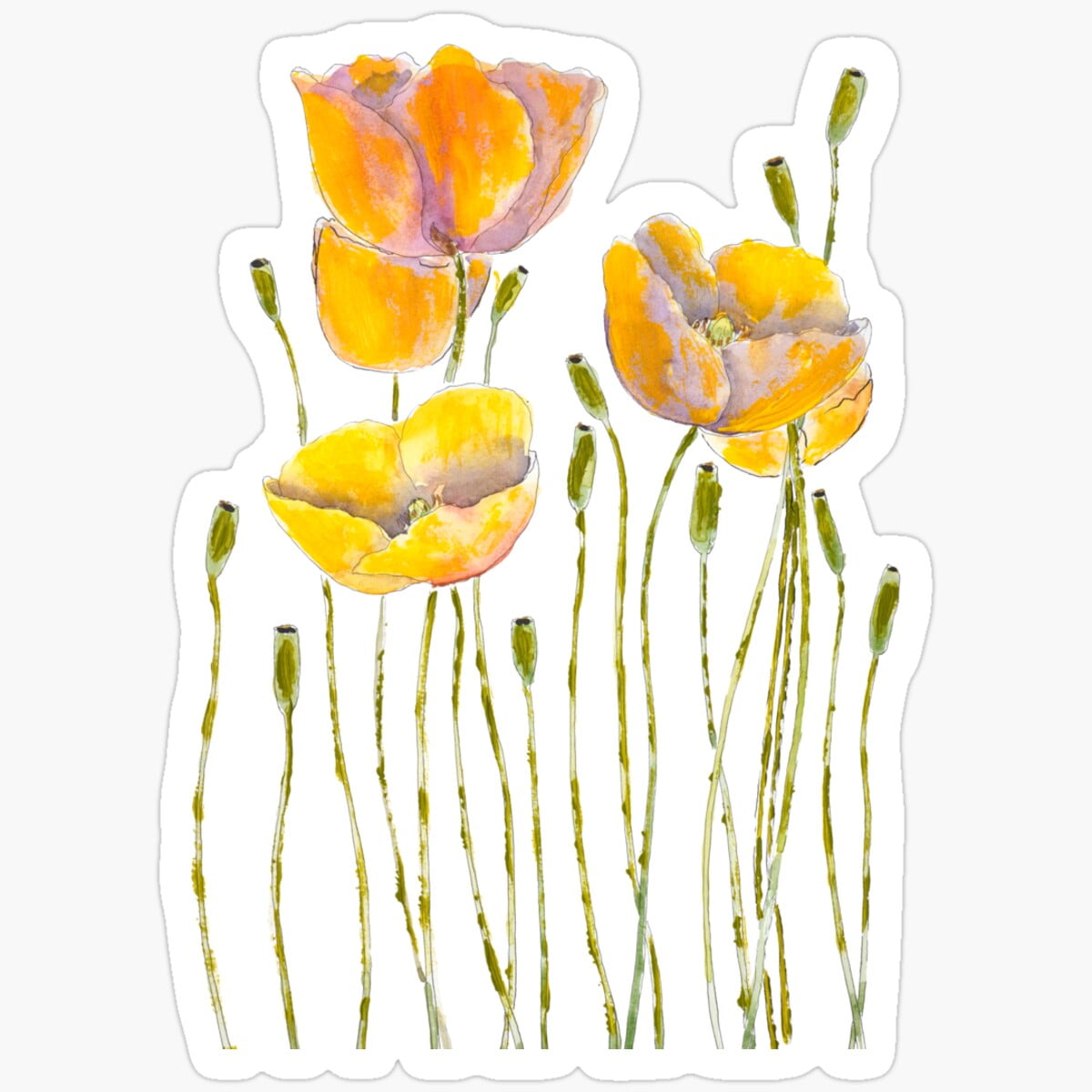 KIRA Orange And Yellow Poppy Acrylic Painting Glossy Sticker Birthday ...