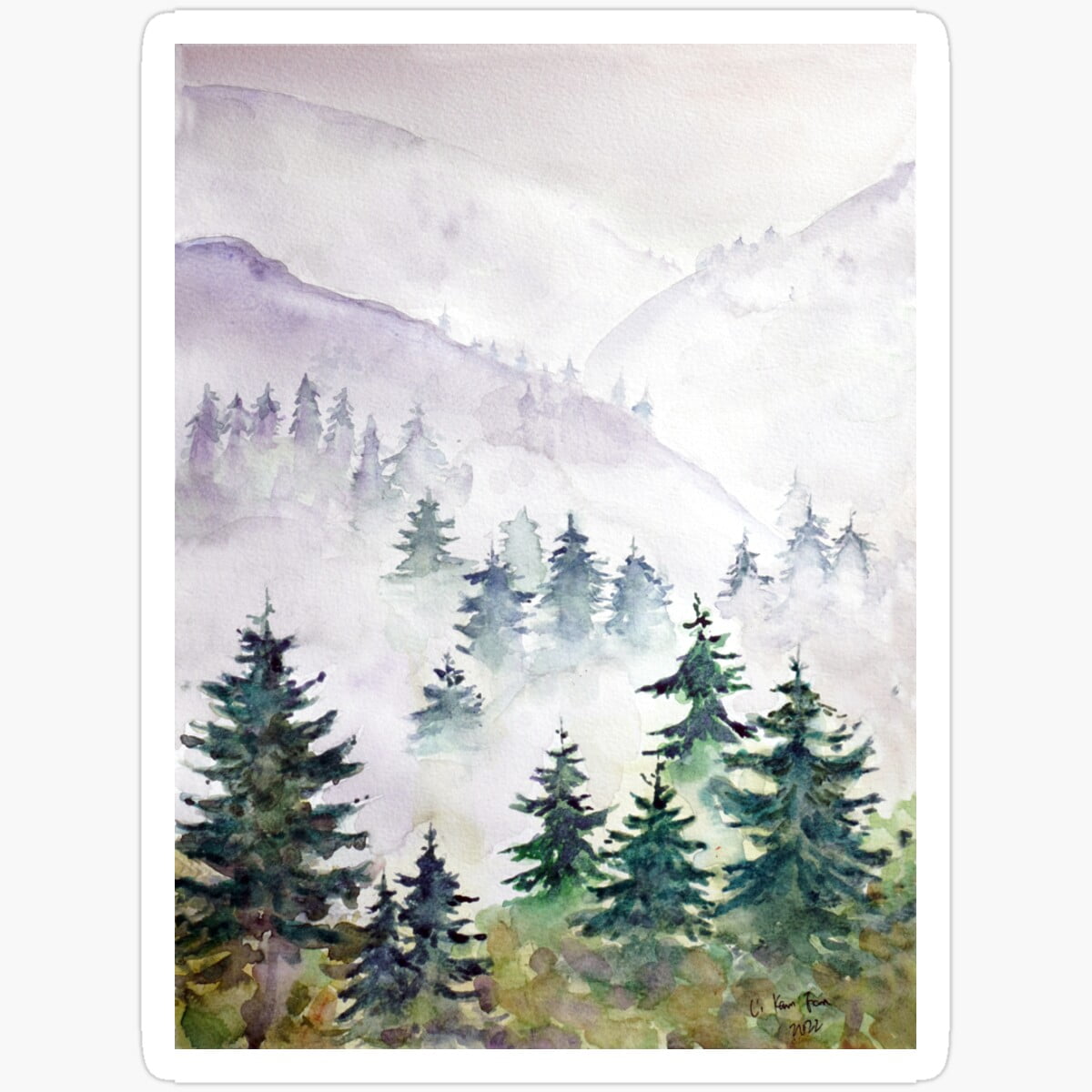 KIRA Pine Forest After Sunset Watercolor Painting Glossy Sticker ...