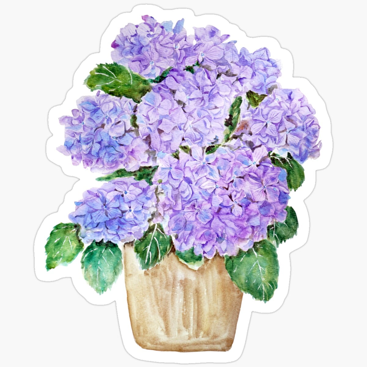 KIRA Purple Blue Hydrangea In Golden Pot Watercolor Glossy Sticker ...