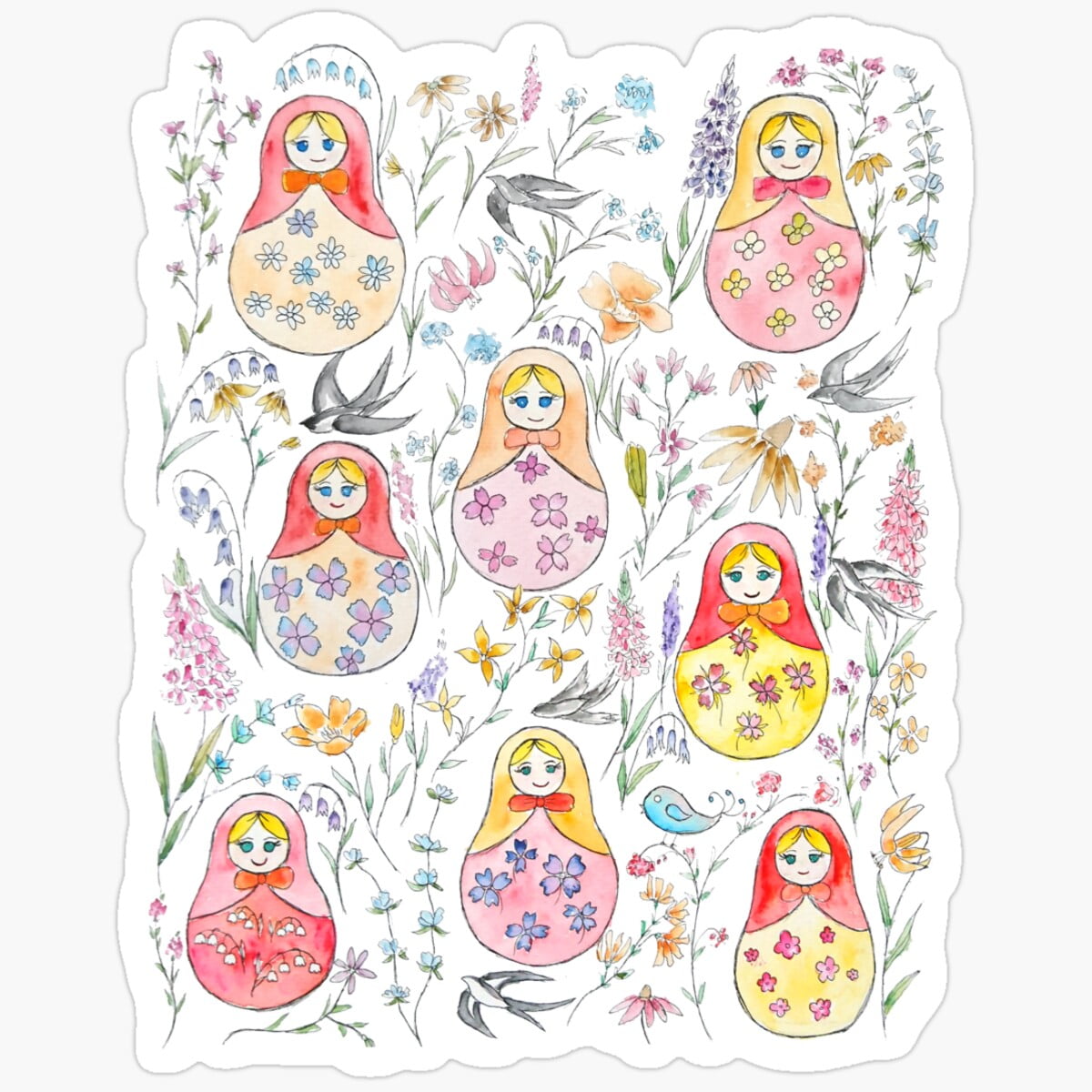 KIRA Russian Dolls And Flower Folk Painting White Sticker Birthday ...