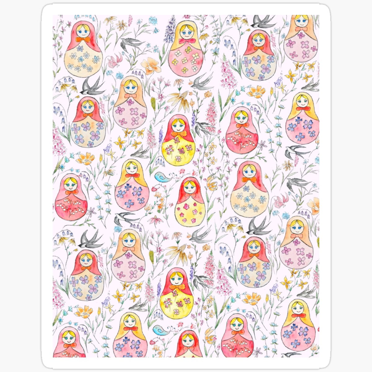 KIRA Russian Dolls Swallows And Flowers Watercolor Patterns Sticker ...