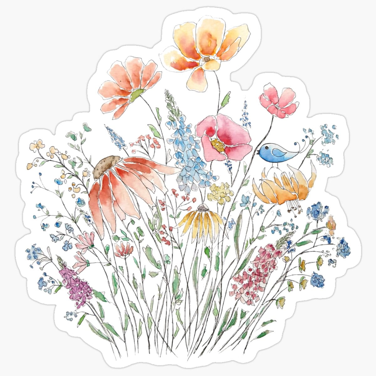 KIRA Wild Flower Bouquet And Blue Bird-Line And Watercolor 2 Glossy ...