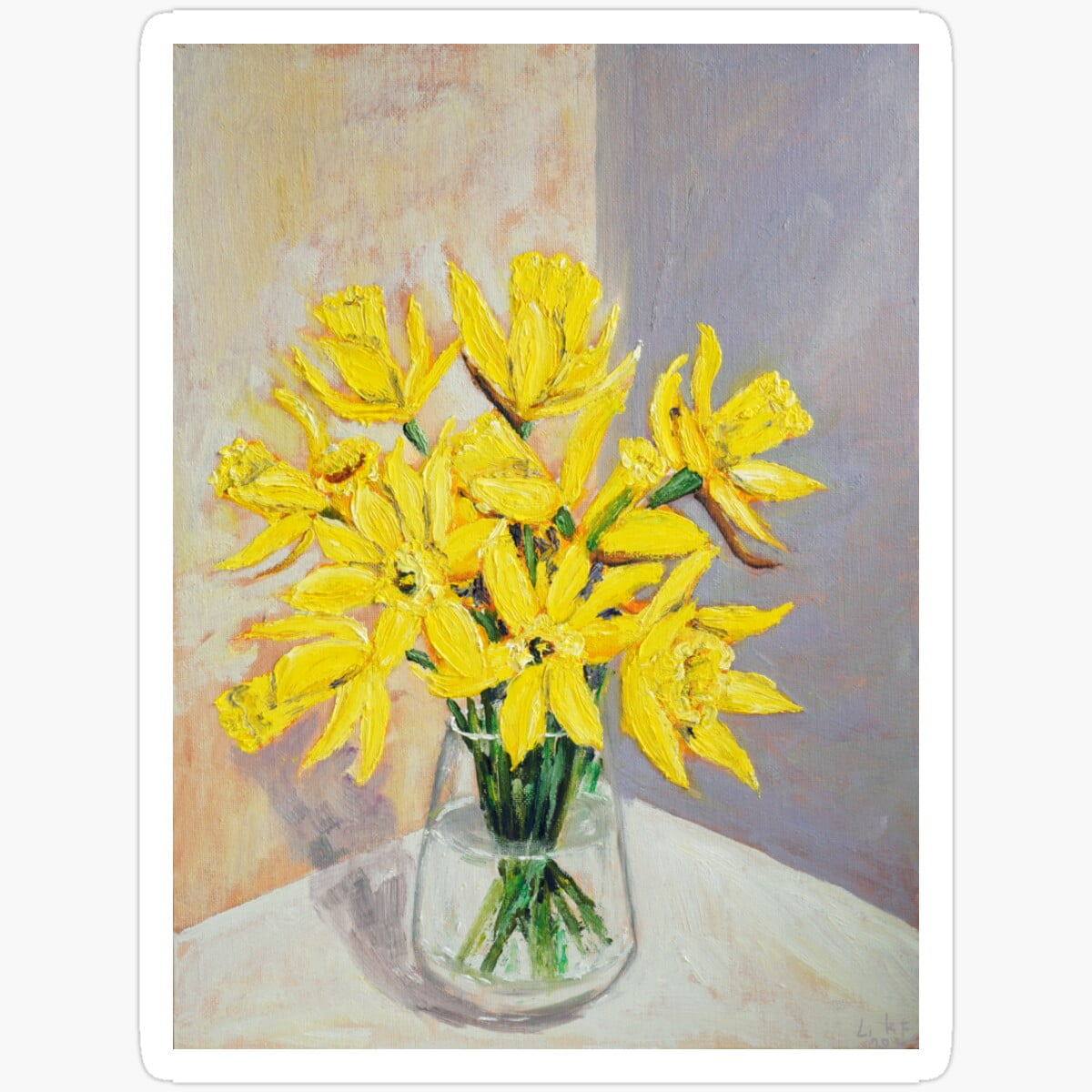 KIRA Yellow Daffodils In Glass Vase Oil Painting Sticker Birthday Gifts ...