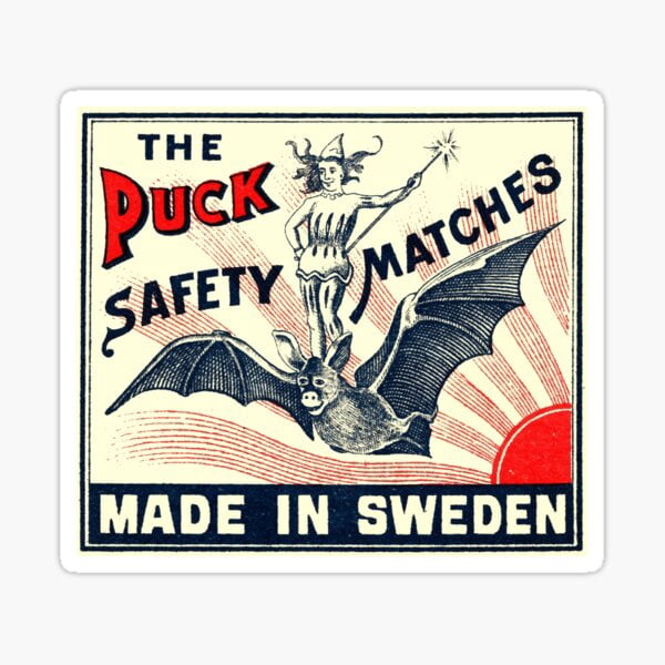 KIRAKIRA Antique Puck Riding Bat Swedish Matchbox Label Sticker ...