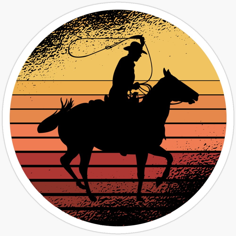 KIRAKIRA Cowboy Riding his Horse with a Retro Sunset Background Sticker ...
