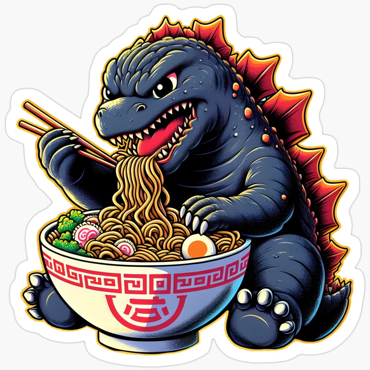 KIRAKIRA Cute Godzilla Eating Big Bowl Ramen Noodle Sticker. Gift For ...