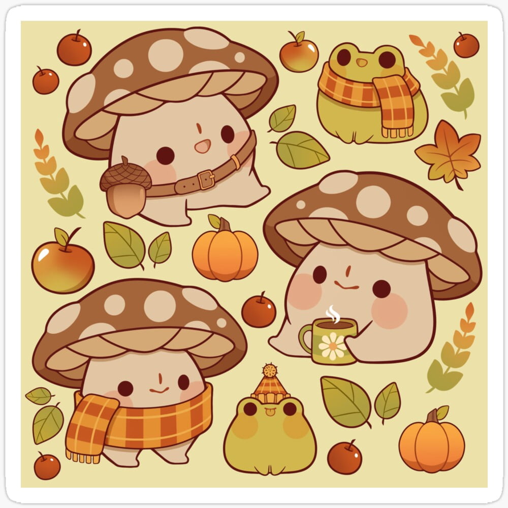 KIRAKIRA Cute mushroom and froggie fall Sticker. Single, trio, or squad ...