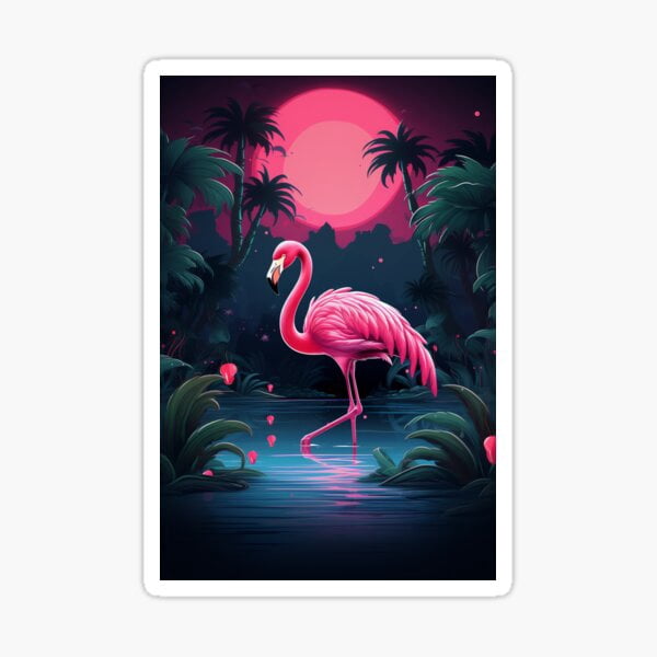 KIRAKIRA Flamingo under the moon, vibrant flamingo painting Sticker ...