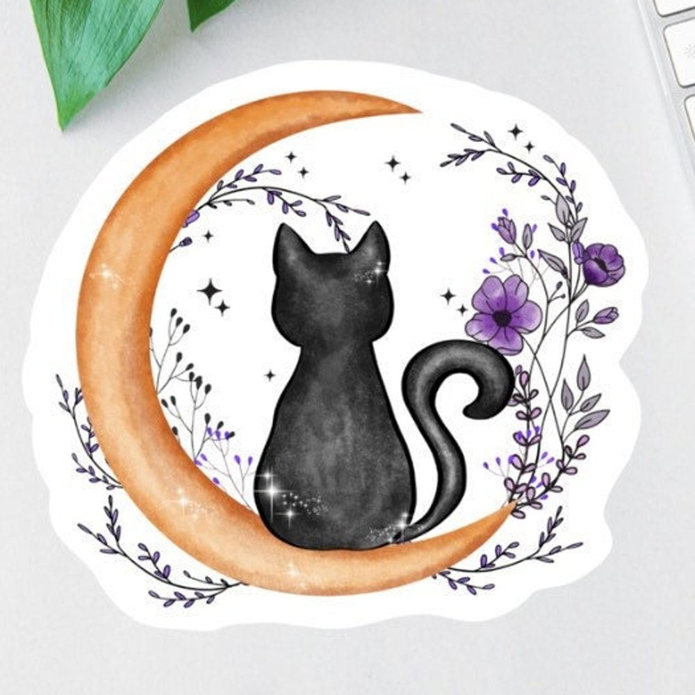 KIRAKIRA Floral Cat Sticker, Cat And Moon Magnet, Black Cat Decal ...