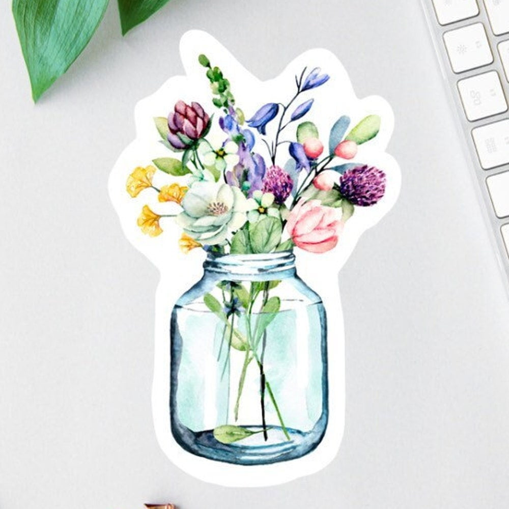 KIRAKIRA Flower Mason Jar Sticker, Watercolor Flower Label, Clear ...