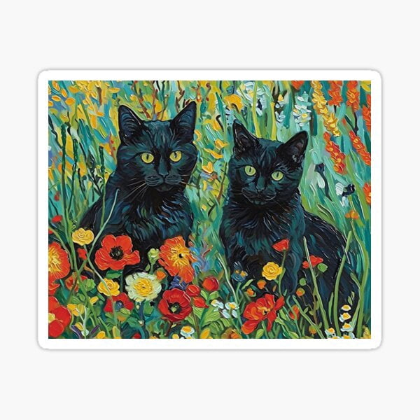 KIRAKIRA Garden Cat Print Cottage Black Cat Art Van Gogh Sticker ...