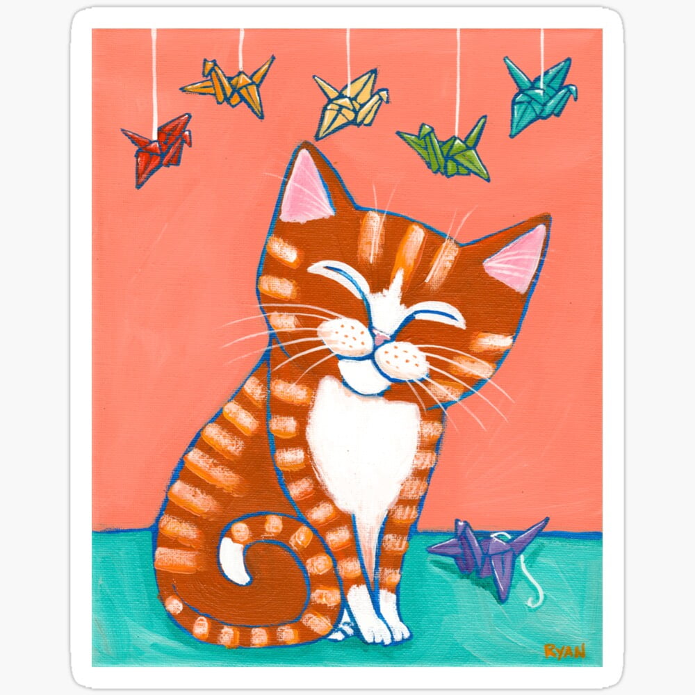 KIRAKIRA Happy Ginger Tabby and Paper Cranes Sticker. Single, trio, or squad — Collect them all ...