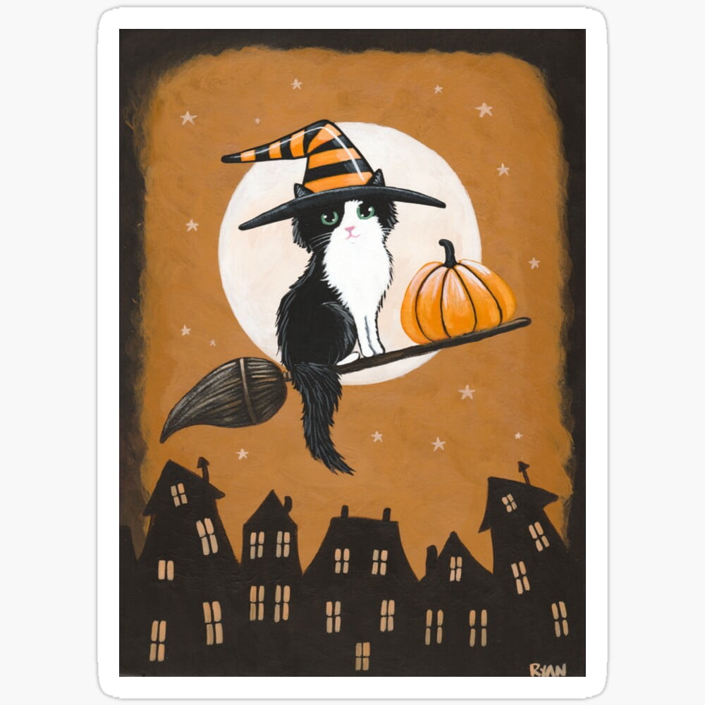 KIRAKIRA The Little Black and White Witch Cat Sticker. Single, trio, or ...