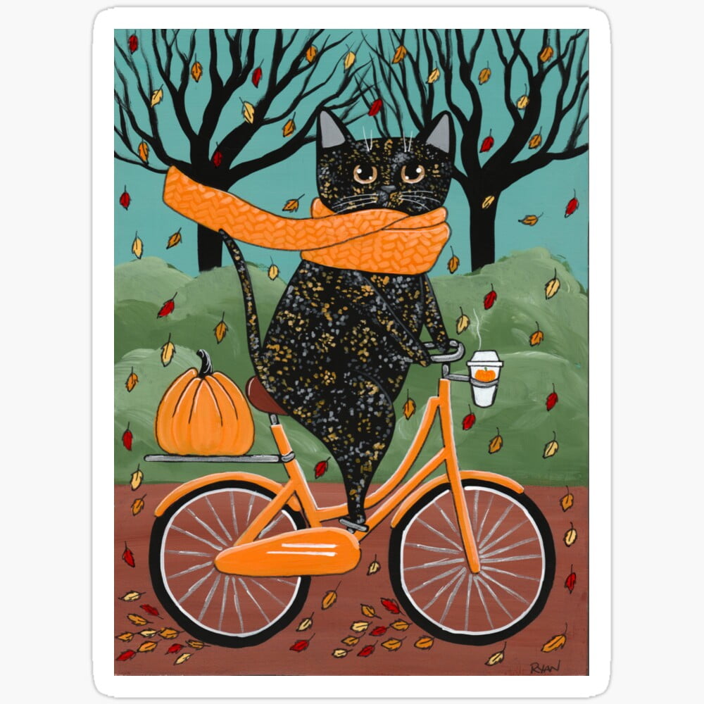 KIRAKIRA Tortie Autumn Bicycle Ride Cat Sticker. Single, trio, or squad ...
