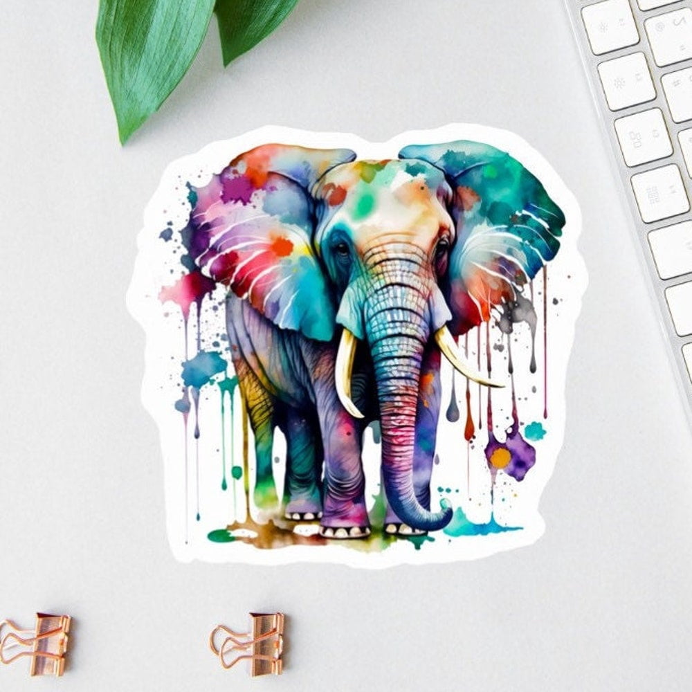 KIRAKIRA Watercolor Elephant Sticker, Elephant Lover Decal, Rainbow ...