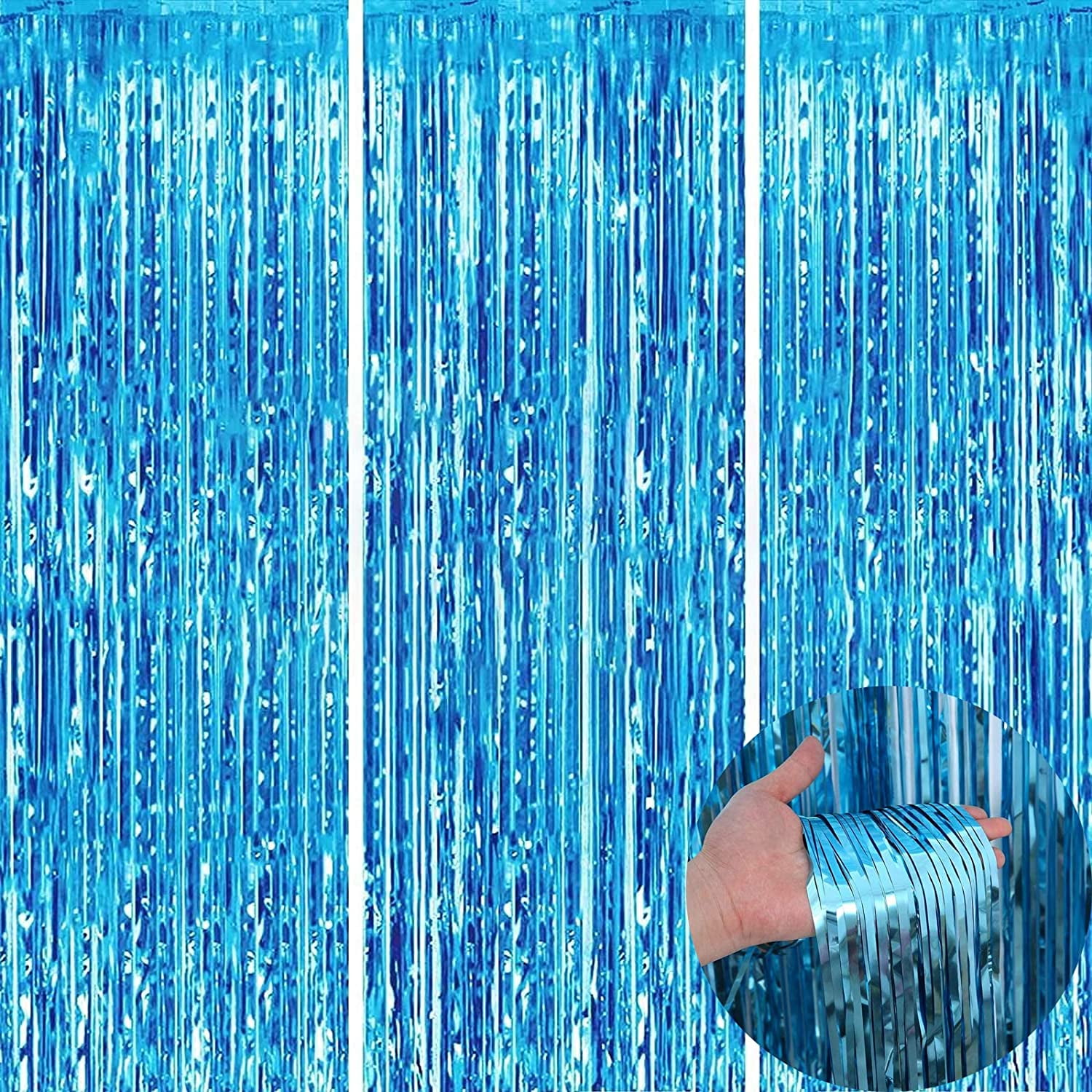 KIRIKOU Pack of 3 Light Blue Foil Fringe Curtains Backdrop Party ...