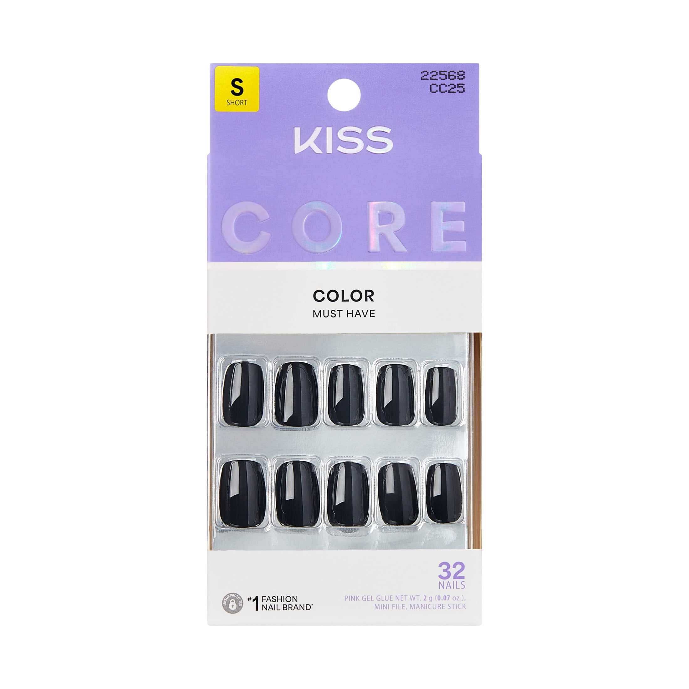 Kiss Core Color Press On Nails, ‘Photogenic’, Black, Short Squoval, 32 ...